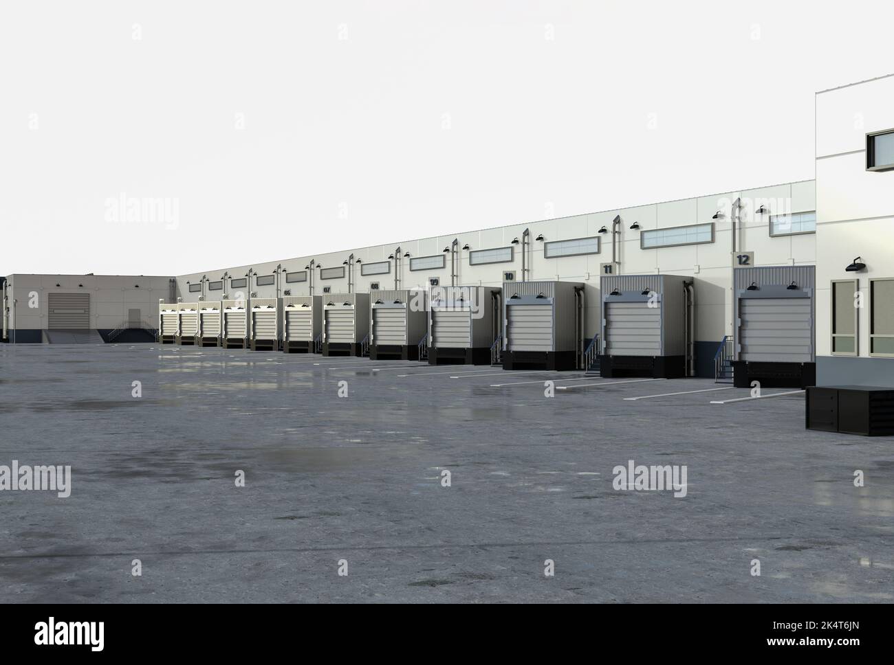 3d rendering warehouse exterior with shutter doors and truck parking ...