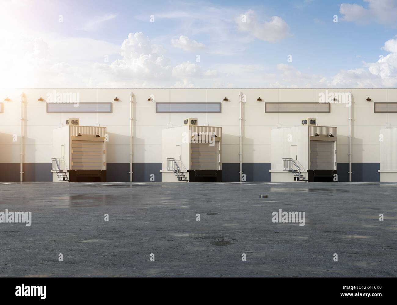 3d rendering warehouse exterior with shutter doors and truck parking ...