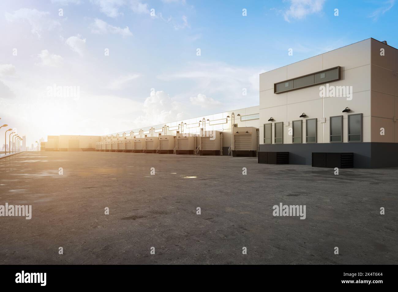 3d rendering warehouse exterior with shutter doors and truck parking ...