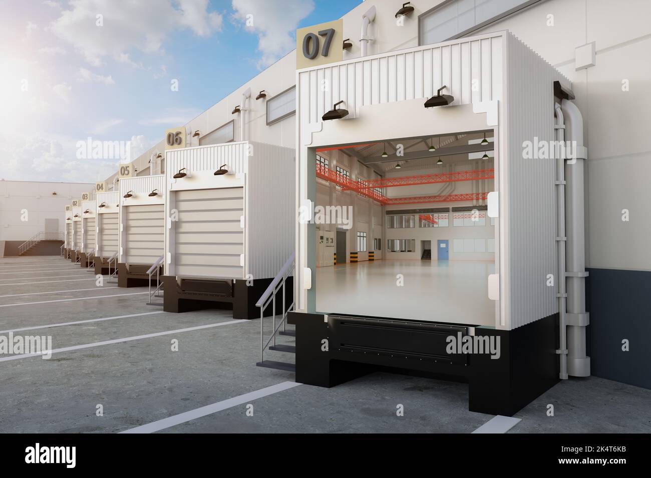 3d rendering warehouse exterior with shutter doors and truck parking ...