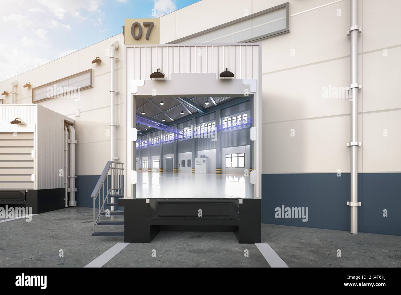 3d rendering warehouse exterior with shutter doors and truck parking ...