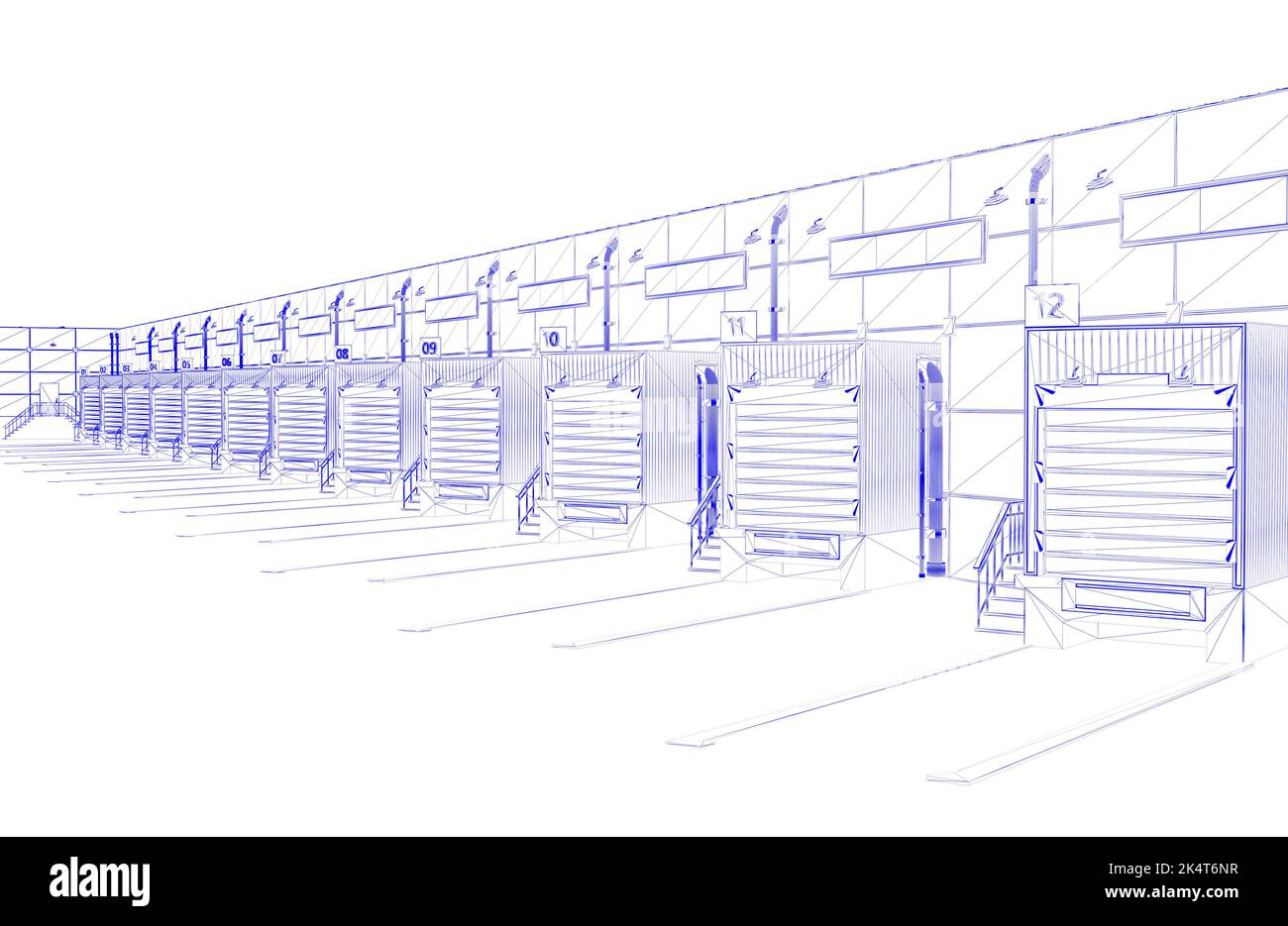 3d rendering blueprint of warehouse exterior with shutter doors and ...