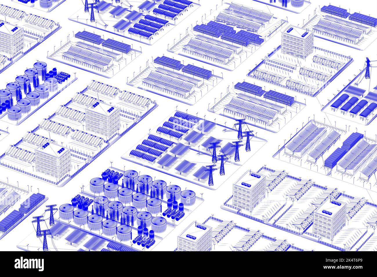 3d rendering blueprint of industrial estate park with infrastructure ...