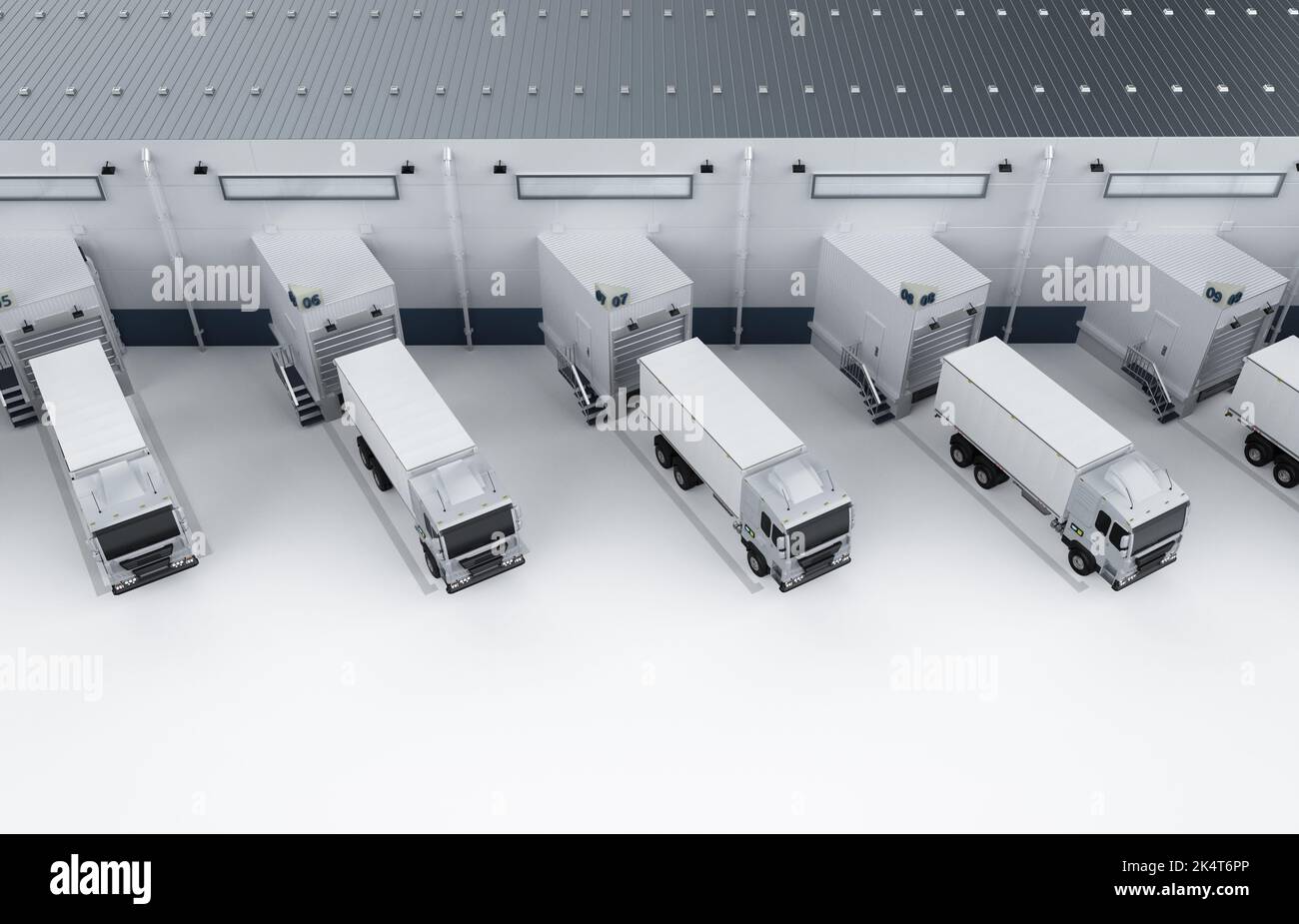 3d rendering group of logistic trailer trucks or lorries at warehouse ...