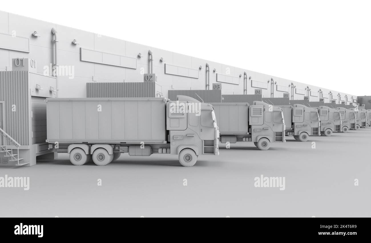 3d rendering group of logistic trailer trucks or lorries at warehouse ...