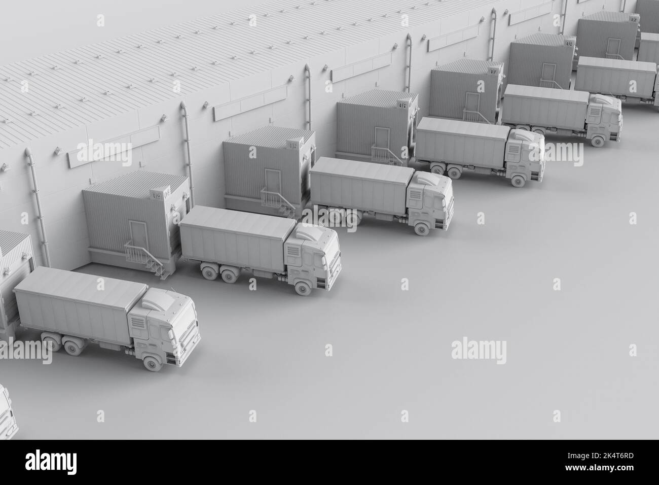 3d rendering group of logistic trailer trucks or lorries at warehouse ...