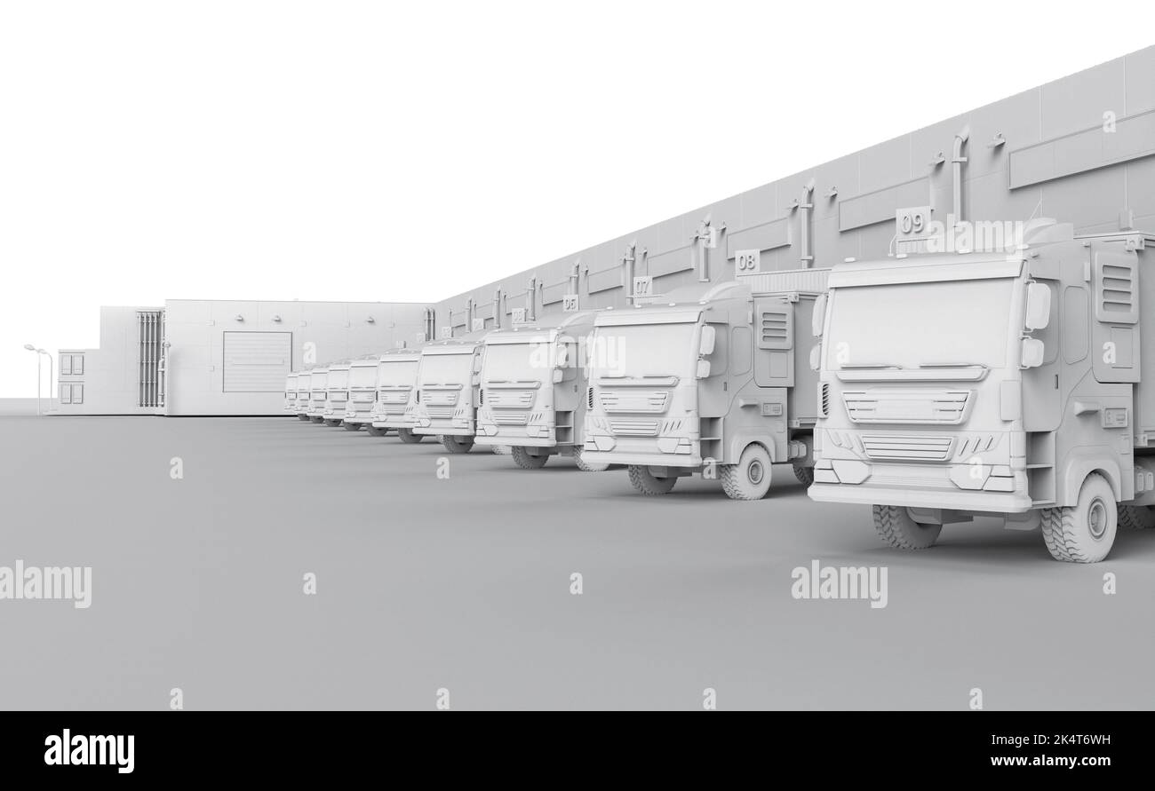 3d rendering group of logistic trailer trucks or lorries at warehouse ...