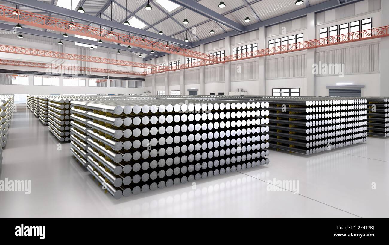 3d rendering heap of shiny aluminium billets in factory Stock Photo - Alamy
