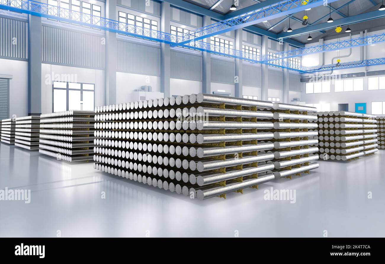 3d rendering heap of shiny aluminium billets in factory Stock Photo - Alamy