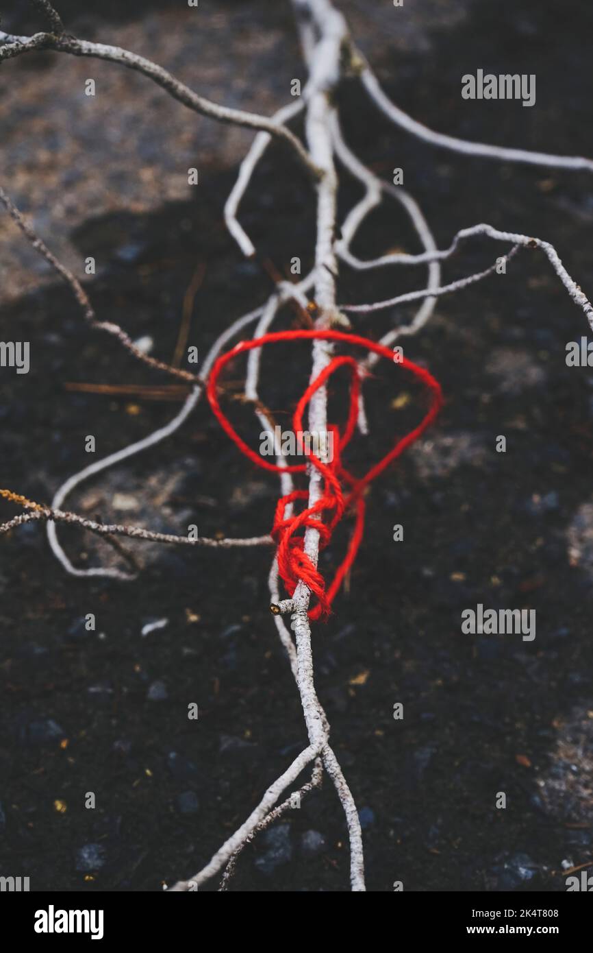 Red thread tangled in a dry branch Stock Photo - Alamy
