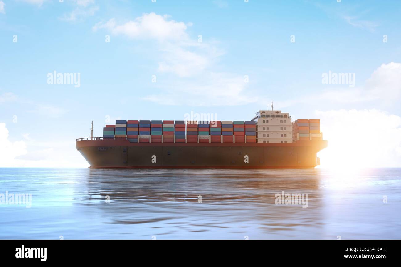 3d rendering cargo ship or vessel with containers in ocean Stock Photo ...