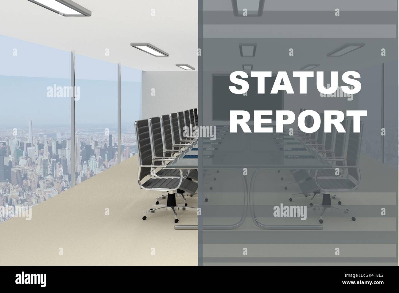 3D illustration of STATUS REPORT title on a glass compartment of a ...
