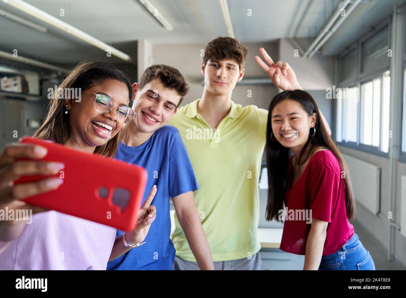 Happy selfie of student friends back to school, reunion after summer ...