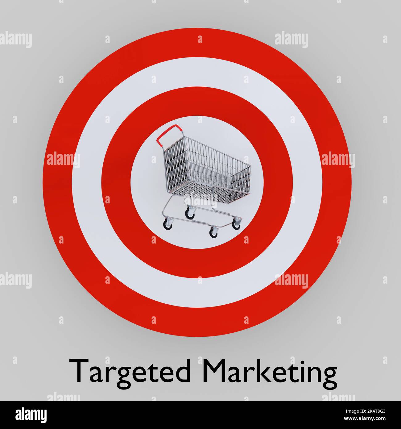 3D illustration of a symbolic supermarket cart placed in a target board ...