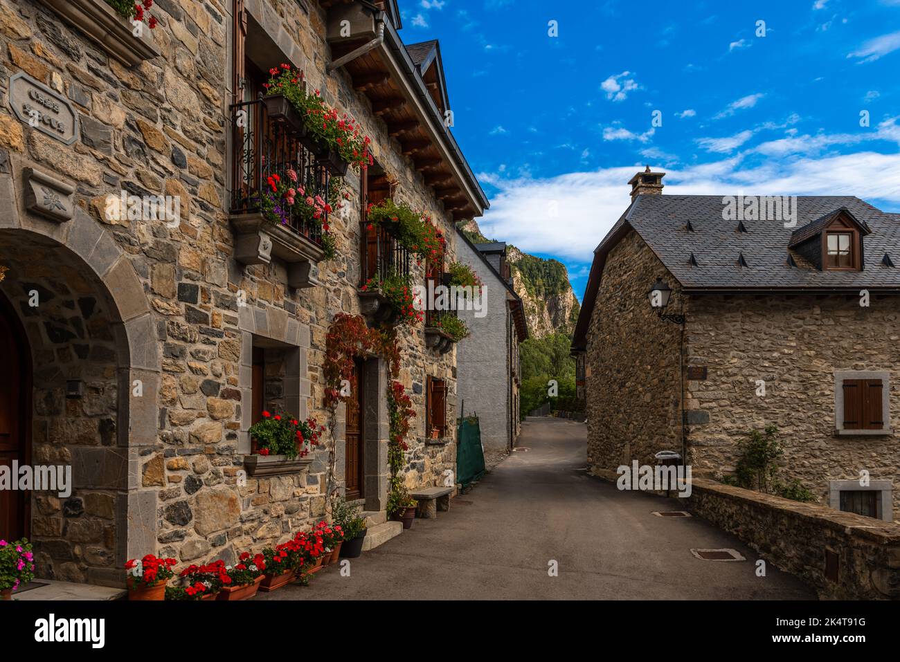Small village of Lanuza on the reservoir lake Lanuza, in the Tena ...