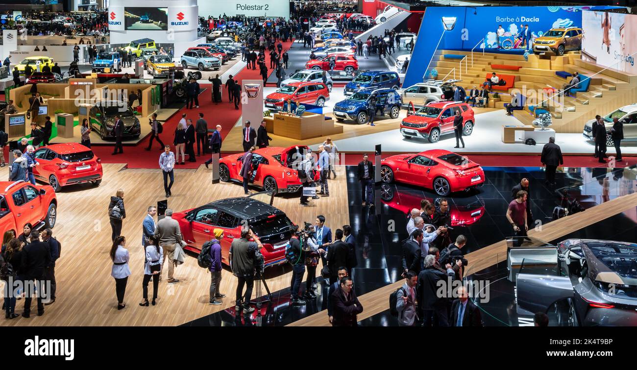 Visitors and cars at the 88th Geneva International Motor Show ...