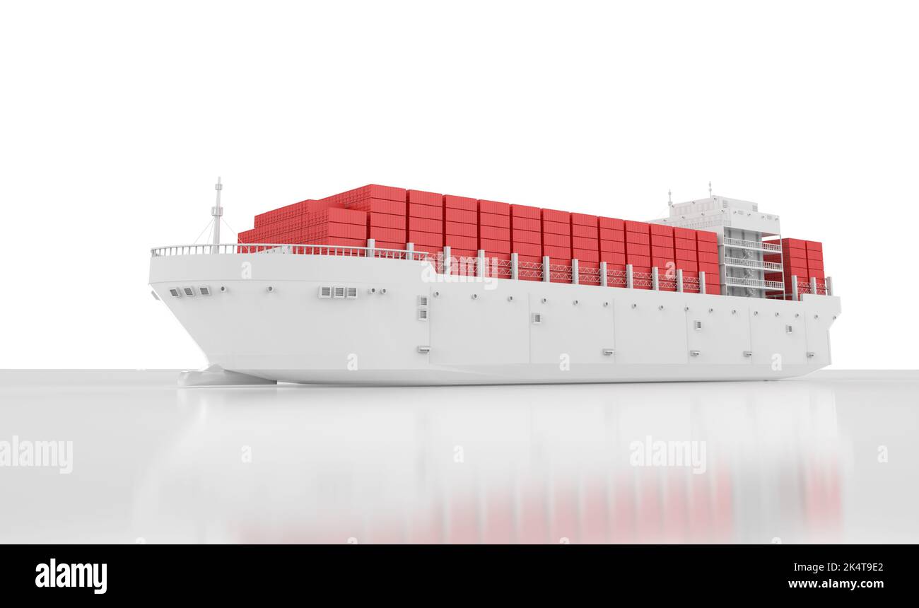 3d rendering white cargo ship or vessel with red containers on white ...