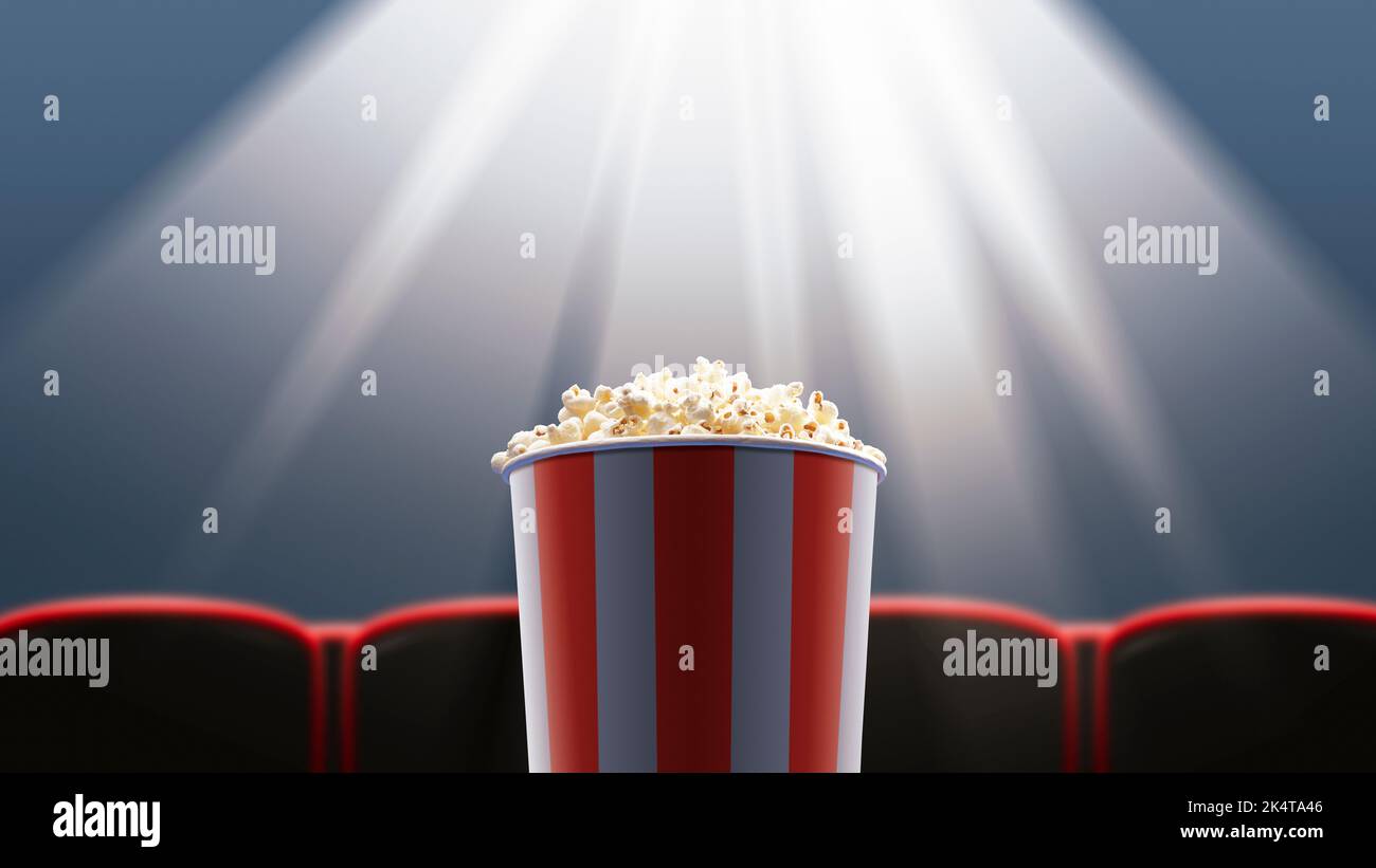 Movie theater, spotlight and popcorn: cinema and entertainment concept ...