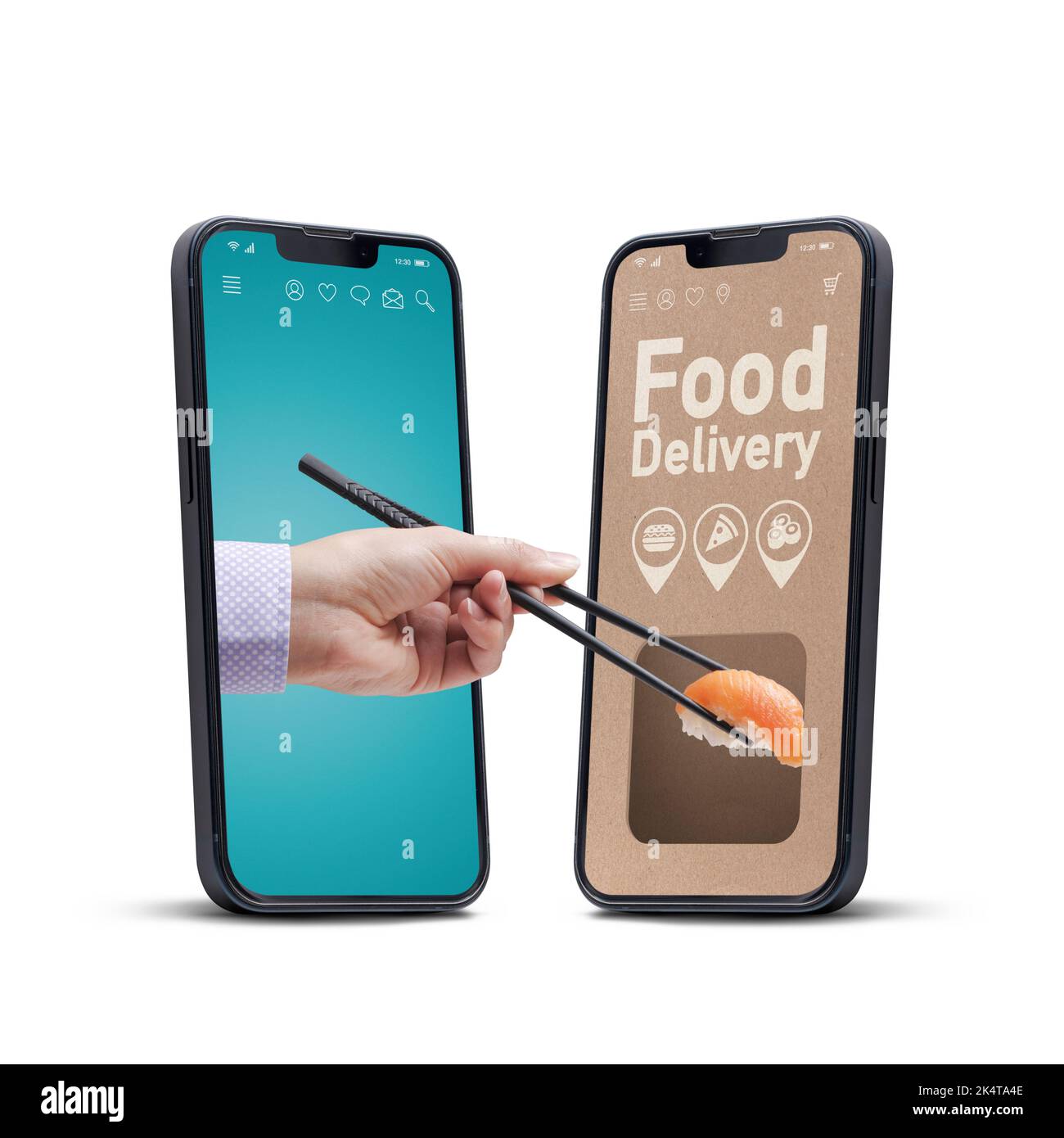 Sushi restaurant food delivery app on smartphone, user holding ...