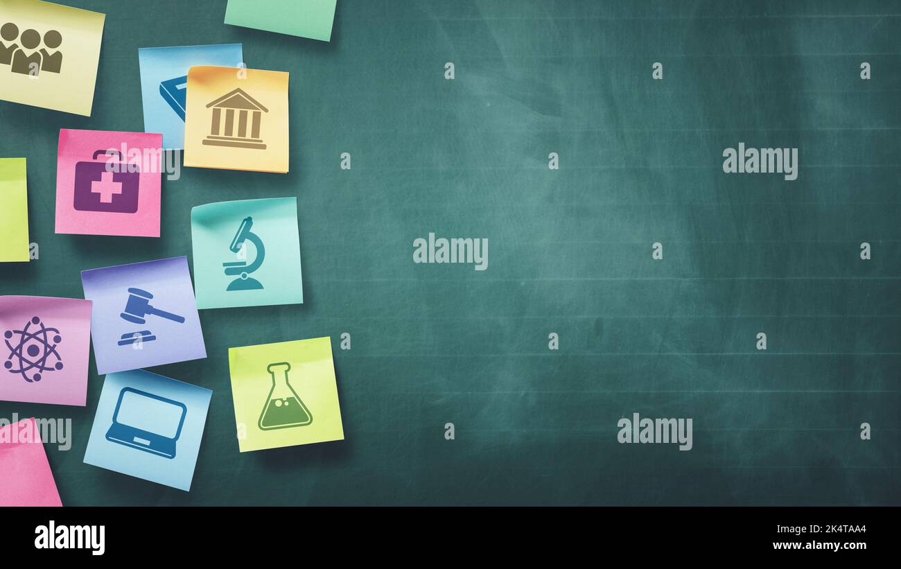 Sticky notes with school subjects icons on a chalkboard, back to school ...
