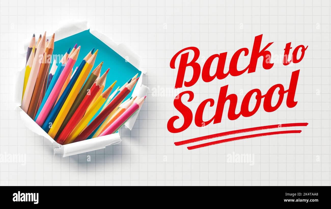 Back to school banner with set of colored pencils in a paper hole ...