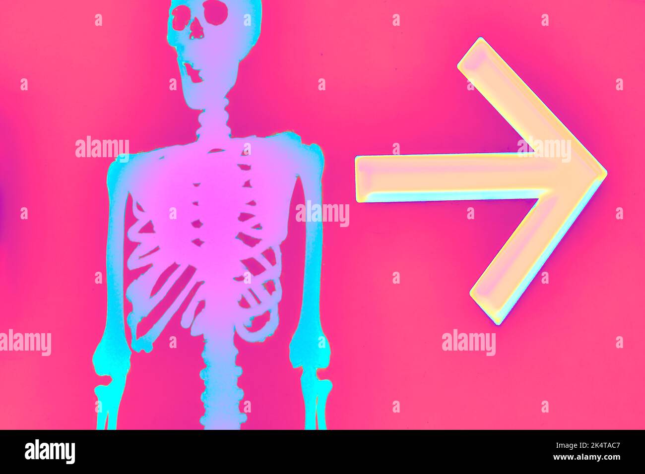 Halloween blue pink funny skeleton with a red arrow direction on a red ...