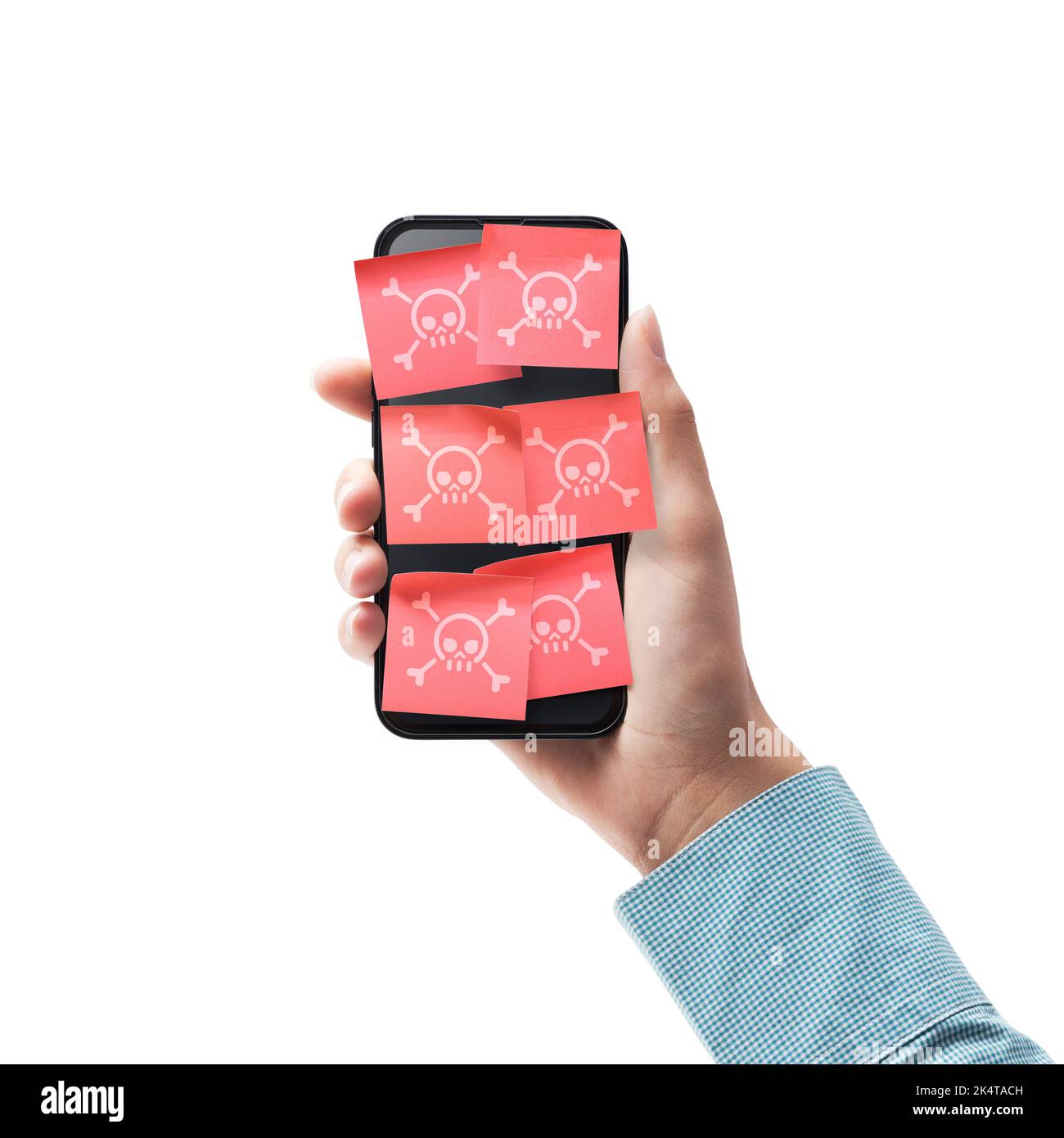 Hand holding a smartphone infected with viruses and malware ...