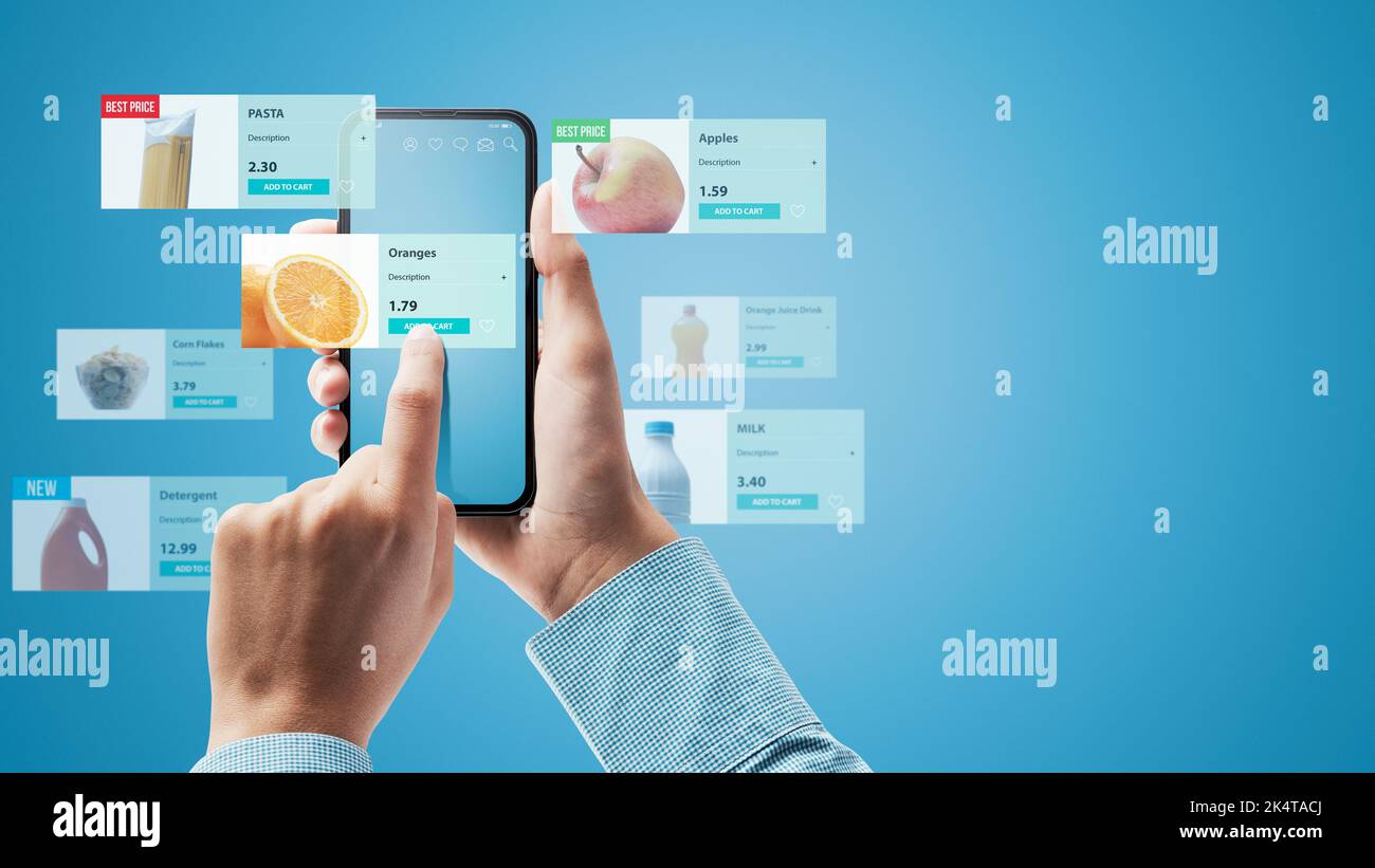 Augmented reality in retail: woman doing grocery shopping and checking ...