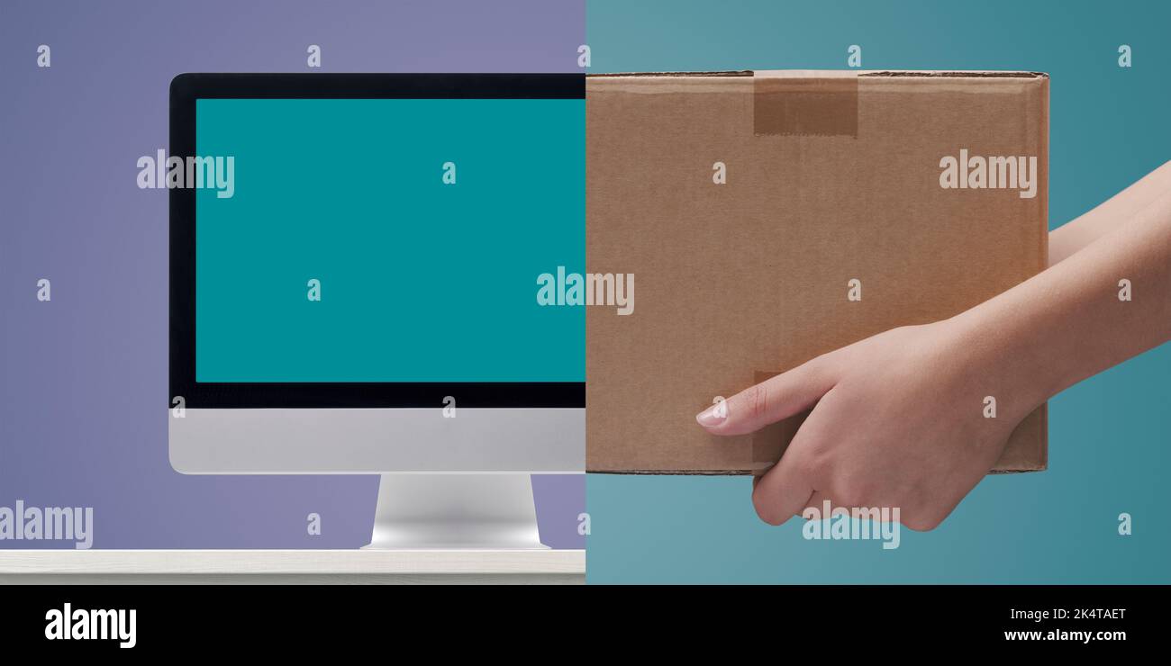 Computer with blank screen and courier delivering a package, delivery ...