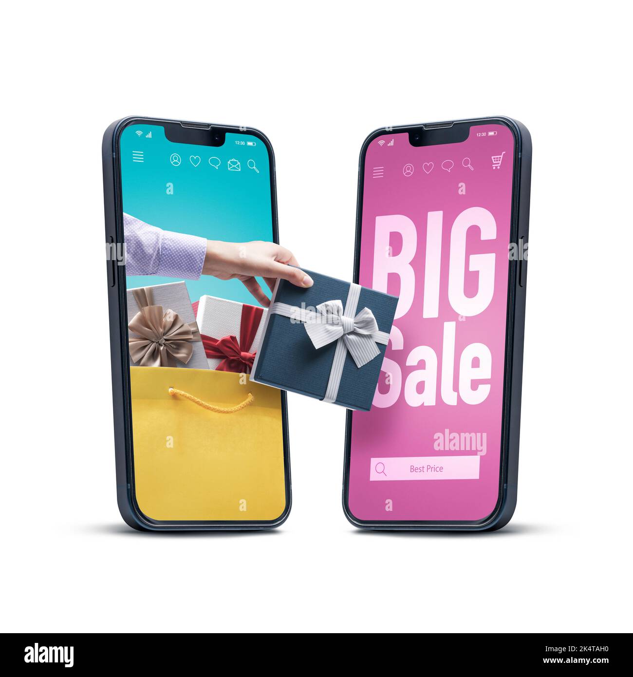 Customer holding a gift box and shopping bag in a smartphone screen ...