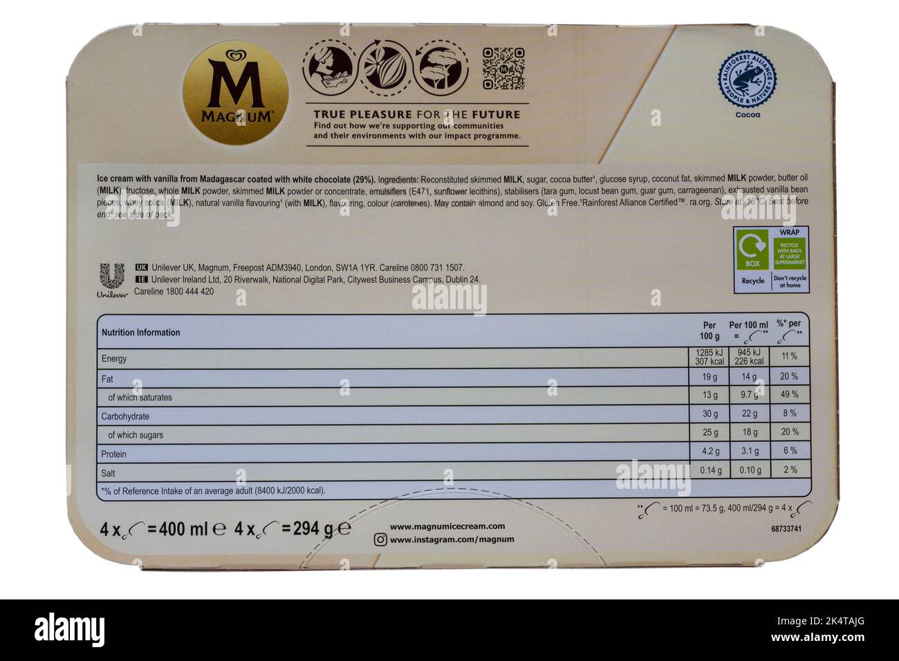 Ingredients and nutritional information on back of box of Magnum white ...