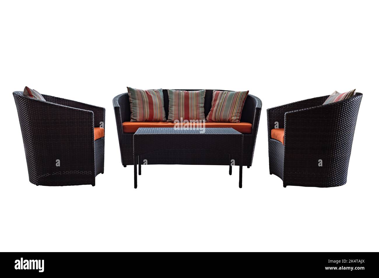 Set of rattan furniture with cushions isolated on white background ...