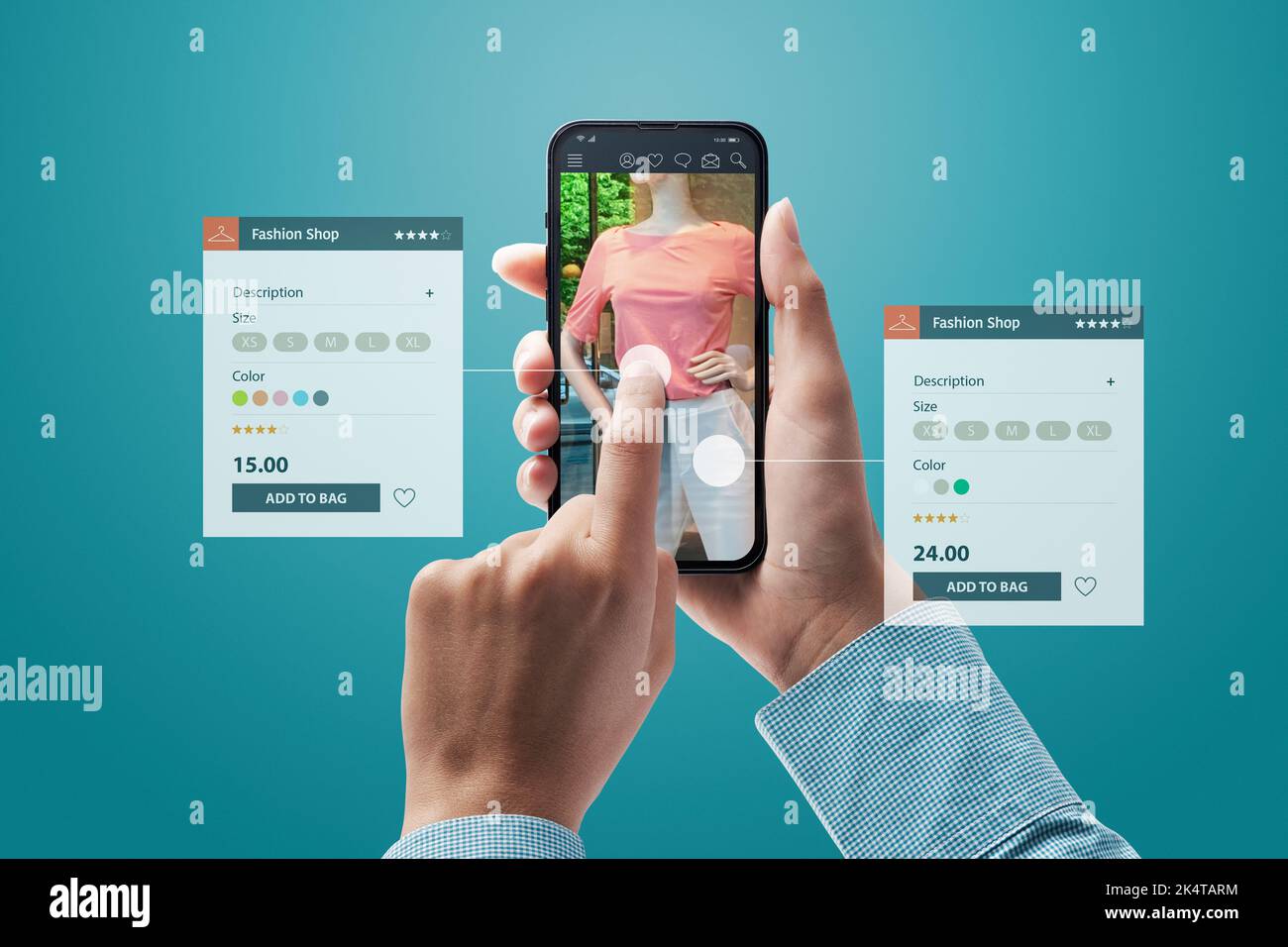 Augmented reality in retail: woman buying clothes online and checking ...