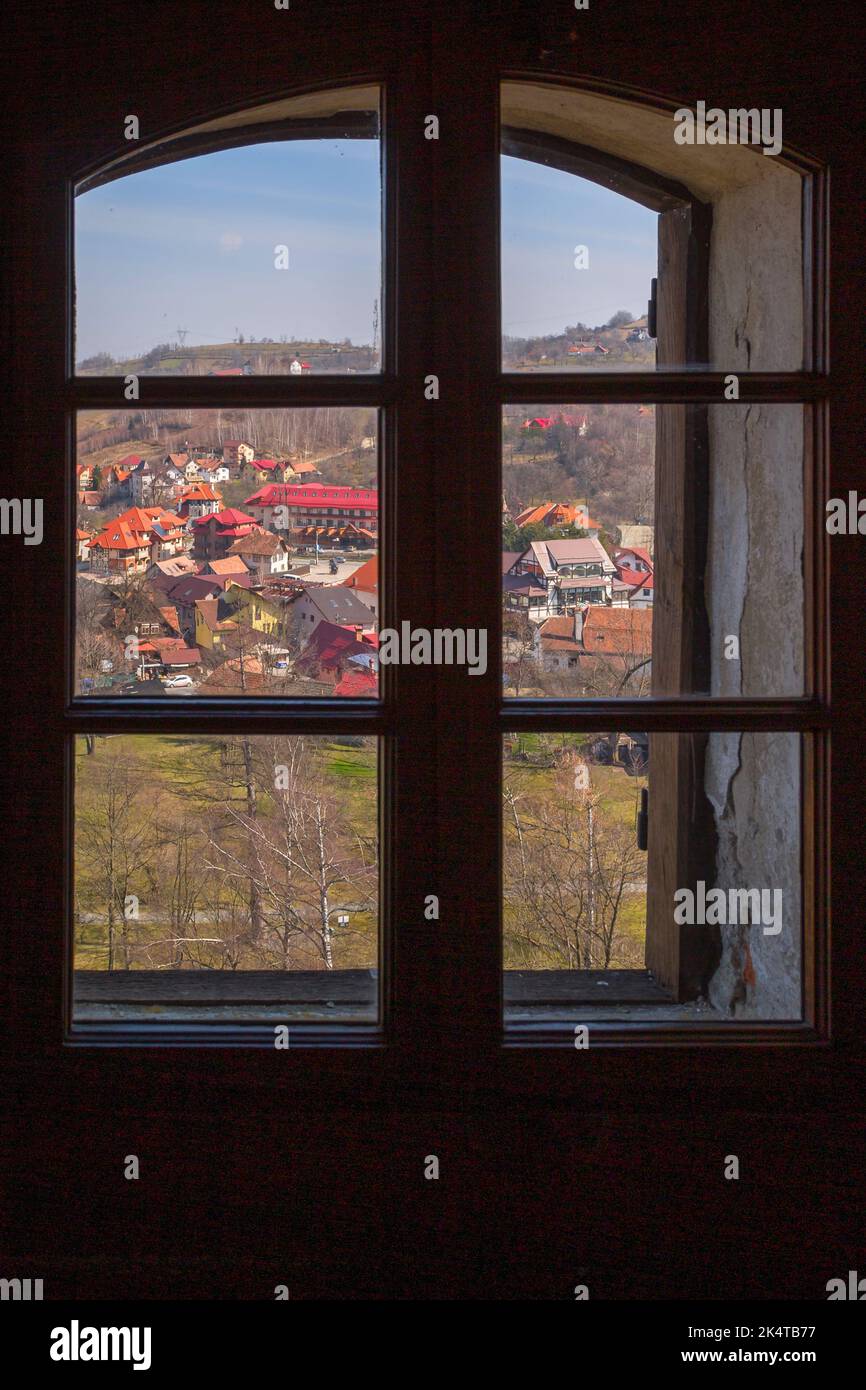 View from Bran Castle or Dracula Castle window to the village houses ...
