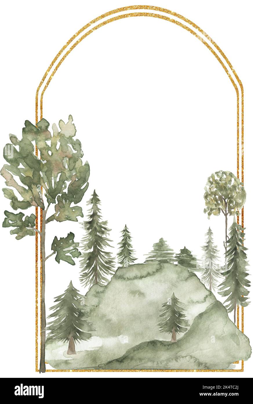 Watercolor woodland and mountains frame illustration, forest background ...