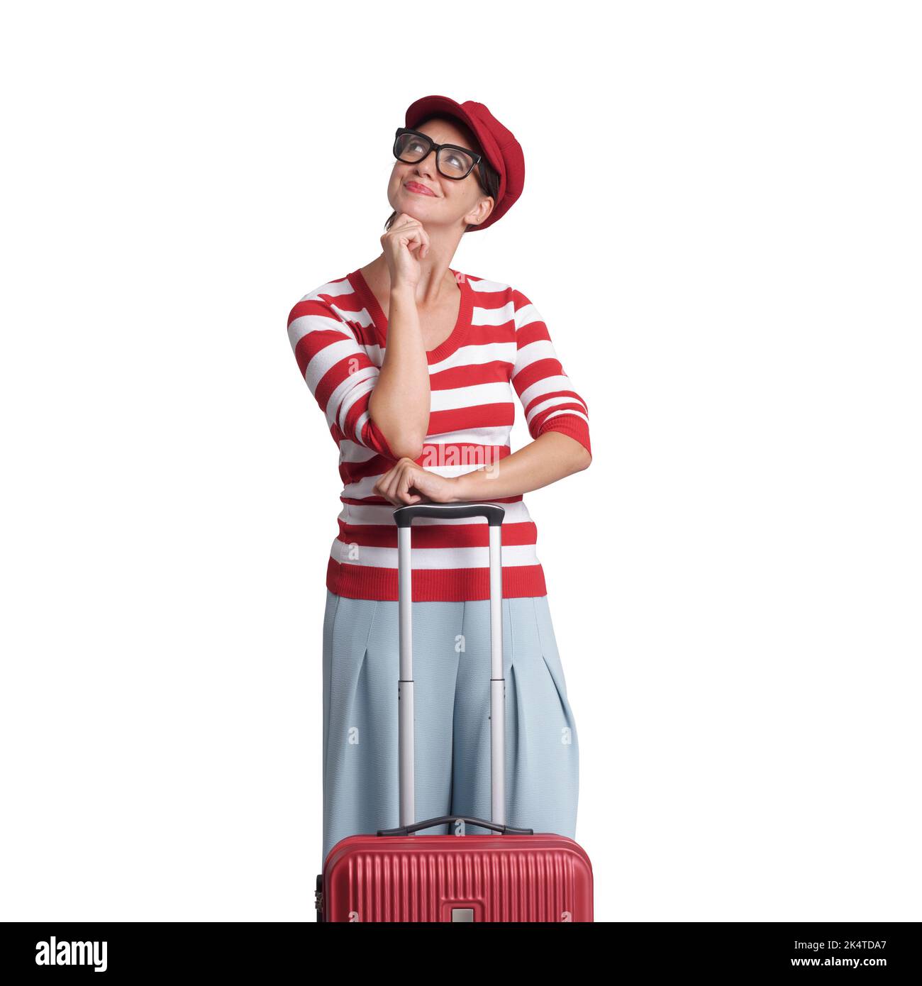 Happy traveler woman thinking with hand on chin, travel and ...