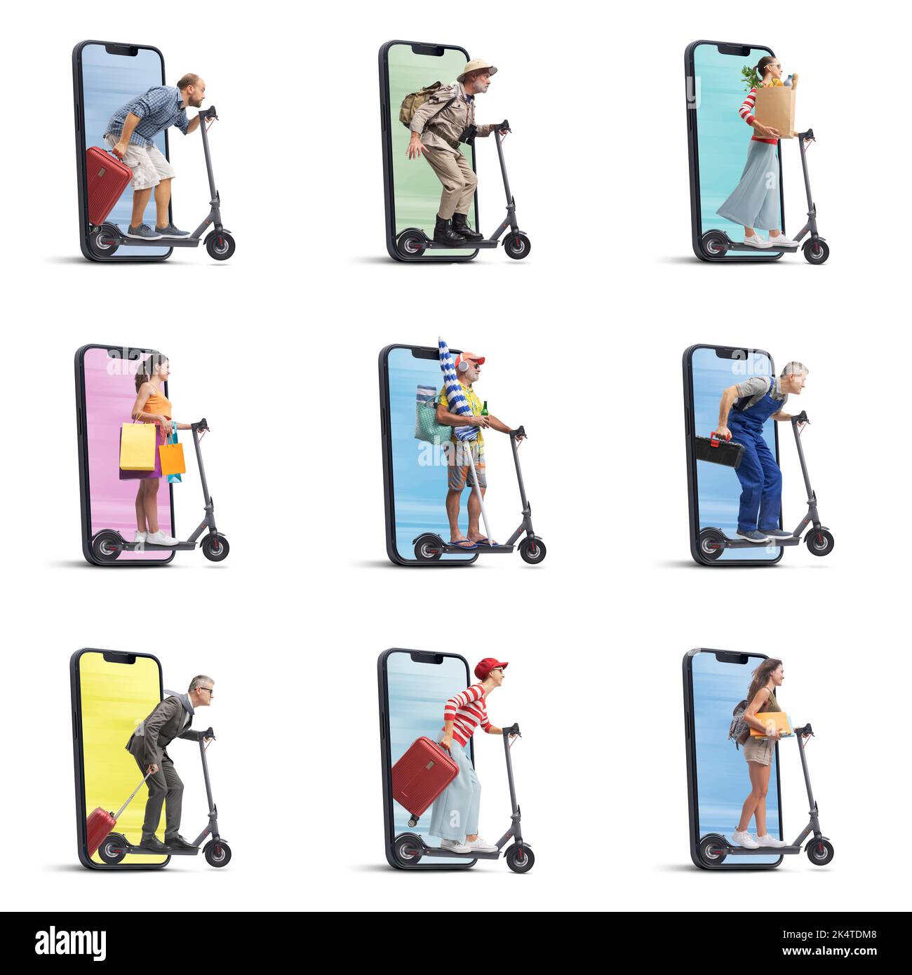 Set of diverse people riding electric scooters on smartphone screens ...