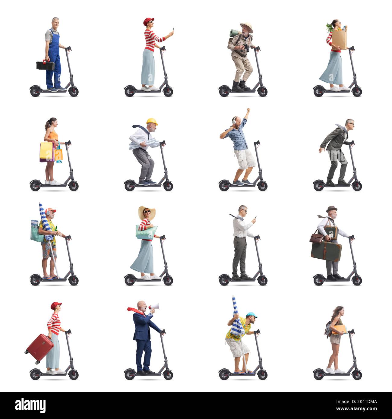 Set of diverse people riding eco-friendly electric scooters, isolated ...