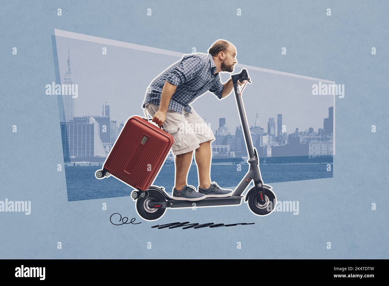 Tourist holding a trolley bag and riding an electric scooter, city in ...