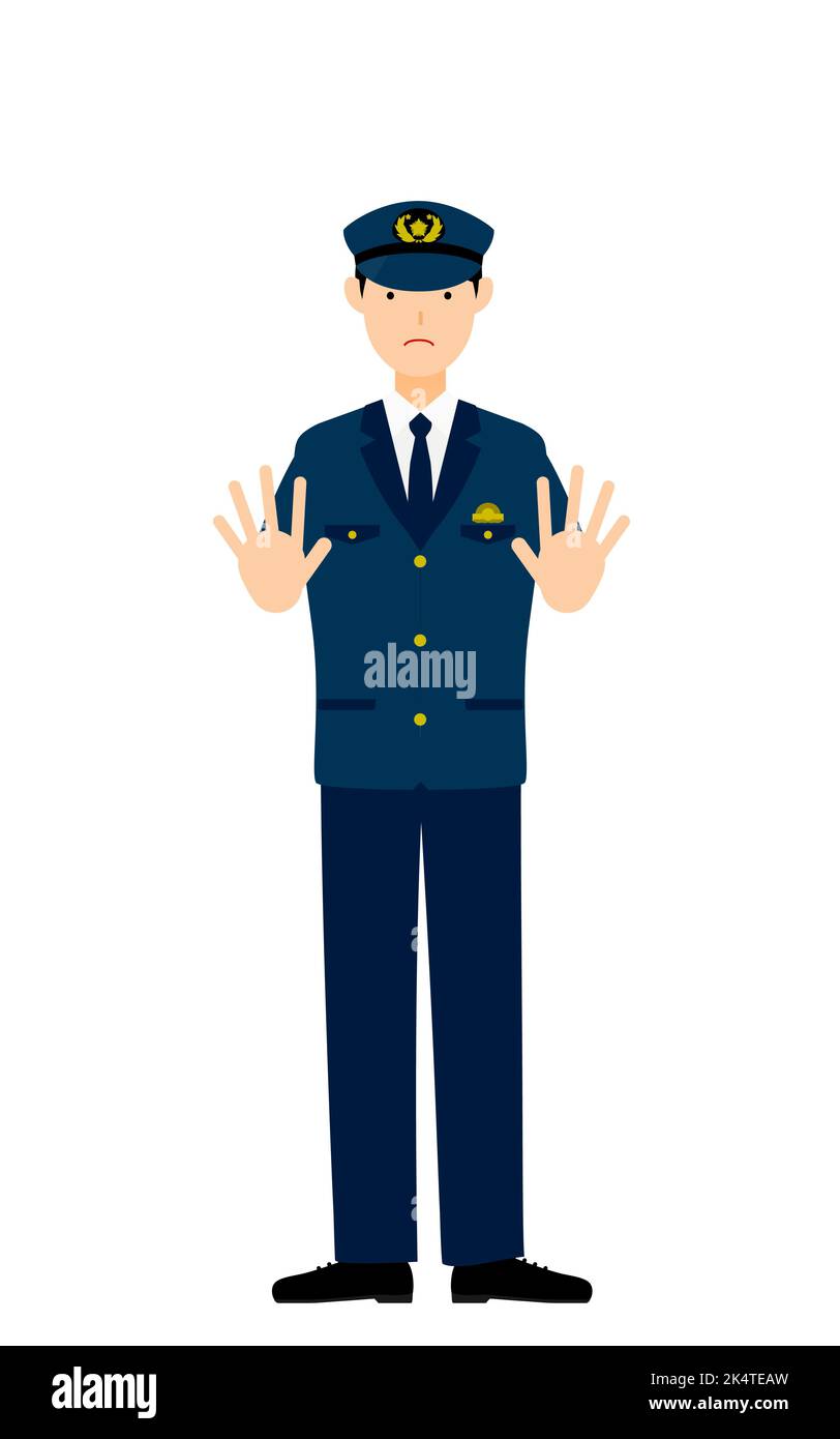 Young male police officer posing, Putting both hands out in front of ...