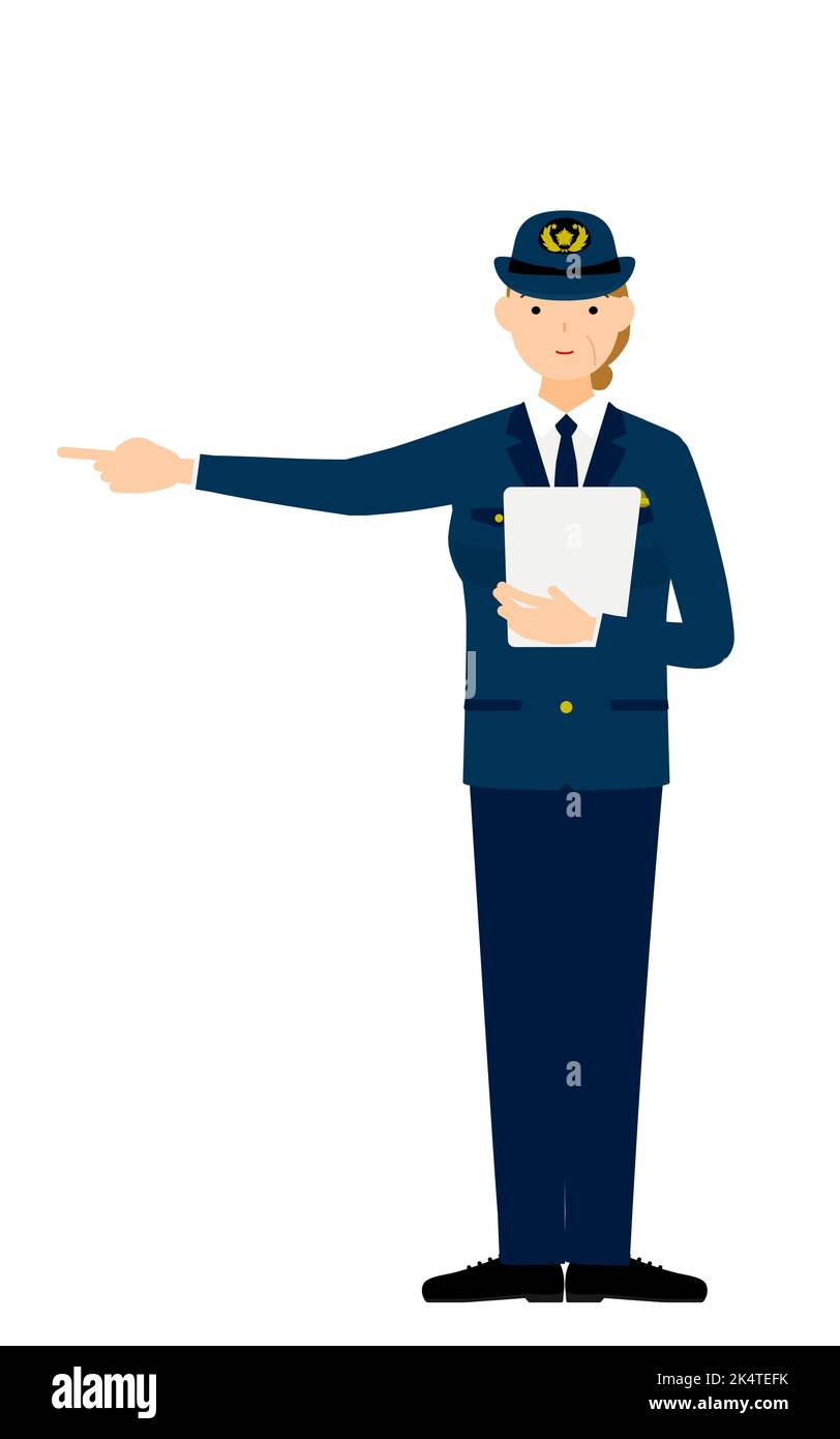 Senior female police officer posing, Pointing with a clipboard Stock ...