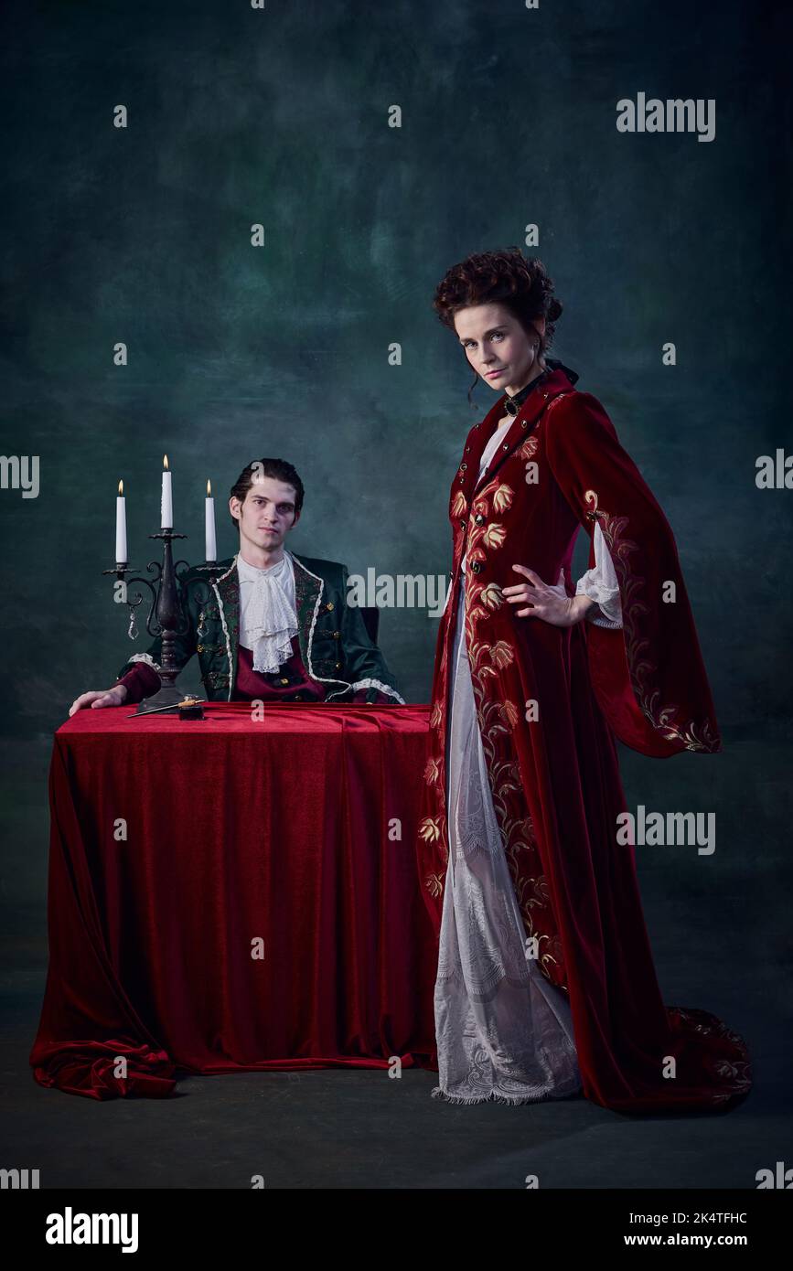 Portrait of noble medieval family, man and woman in image of aristocrat ...