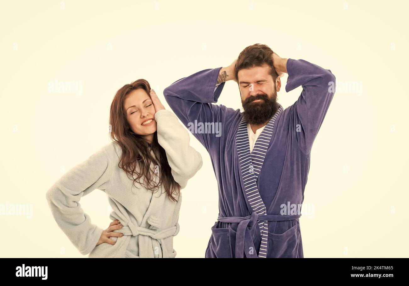 Feeling sleepy. Family couple with sleepy look. Tired man and woman in ...