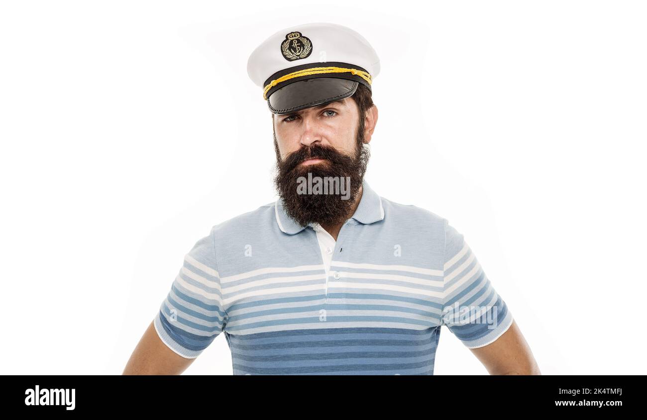In calm sea every man is pilot. Sailor man isolated on white. Bearded ...