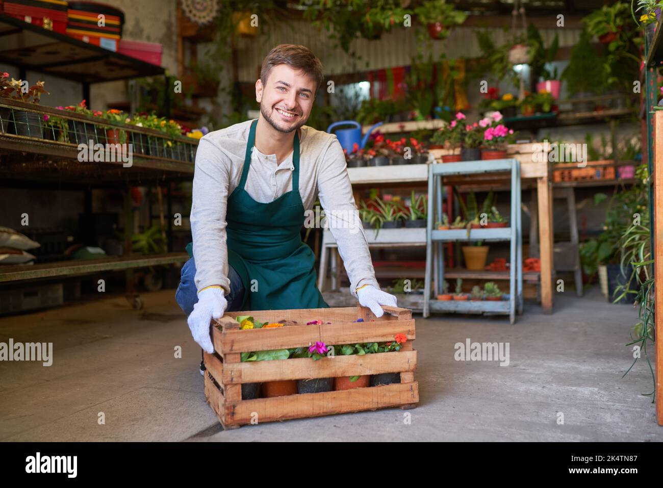 Smiling young man as florist with flowers in small flower shop at work ...