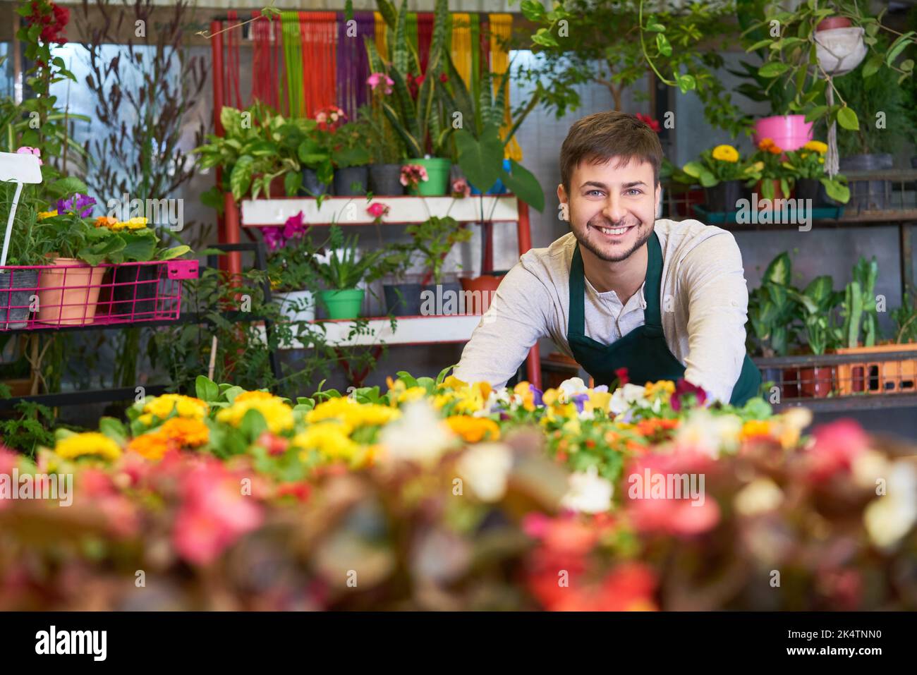 Smiling young man gardener apprentice with assortment flowers in ...