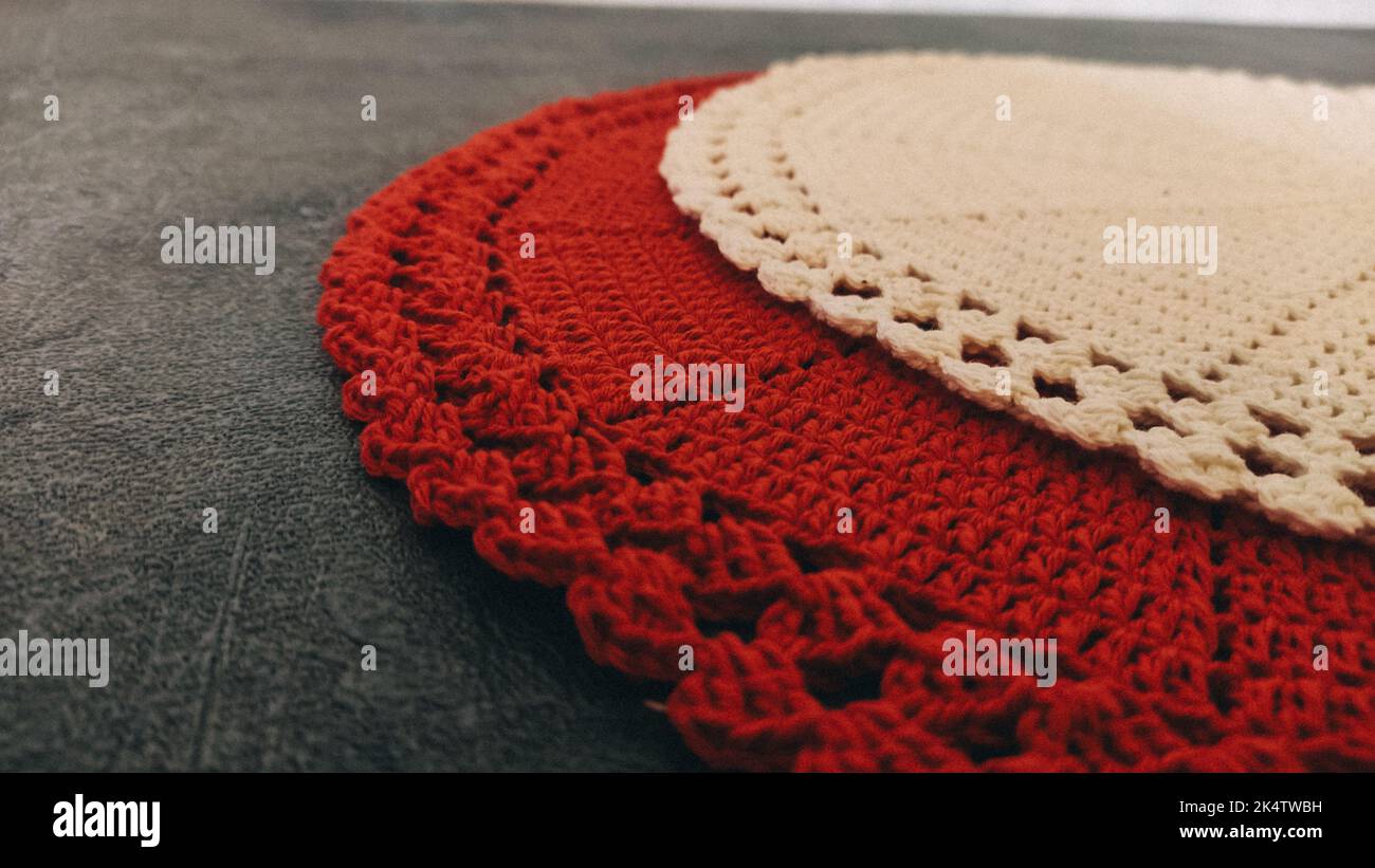 A top view of the embroidered red and white plate cloth Stock Photo - Alamy