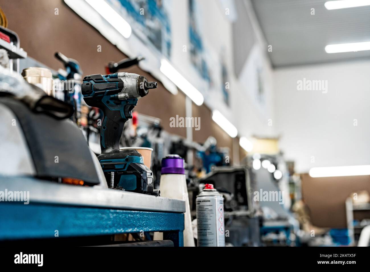 Large workbench with tools at station for vehicle technical servicing ...