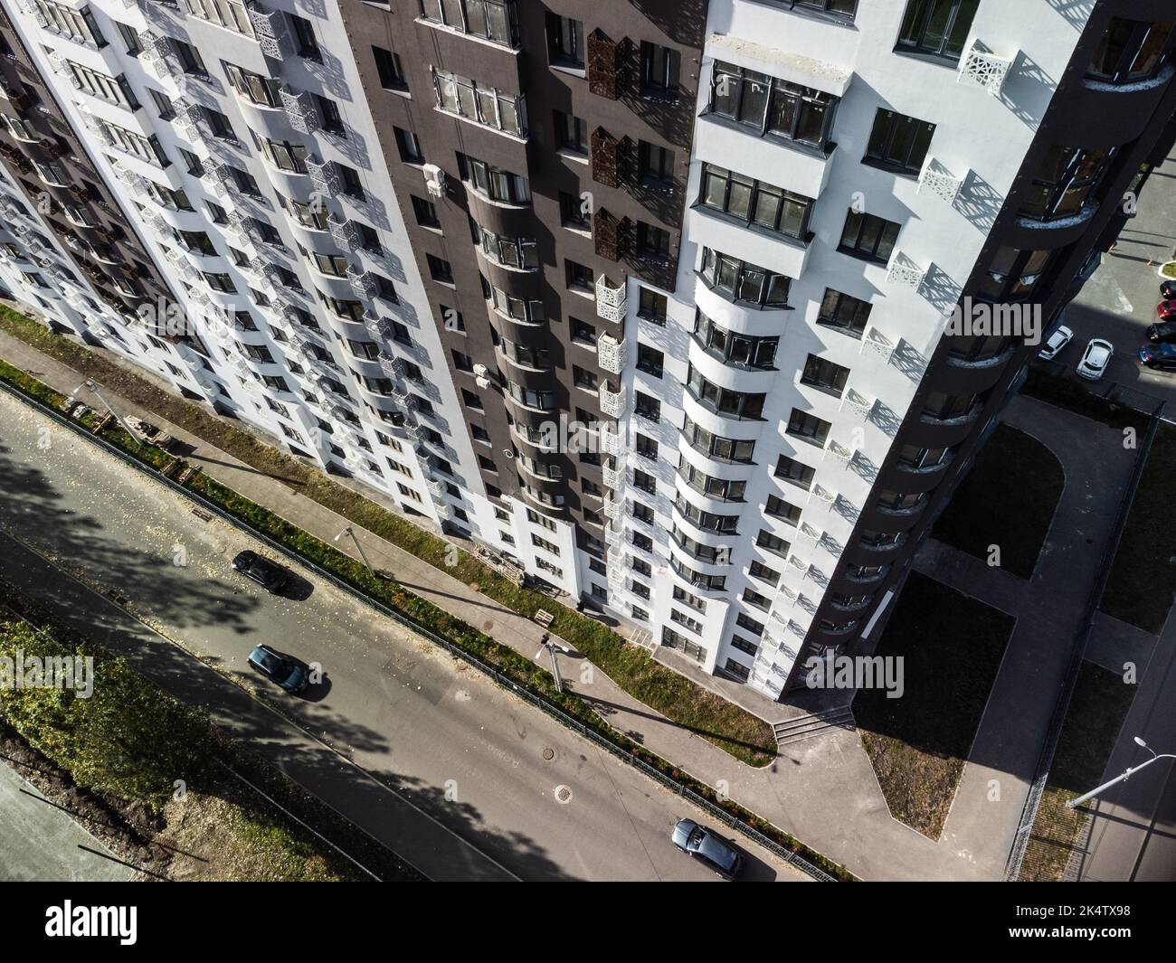 City aerial look down view, modern multistory residential building ...