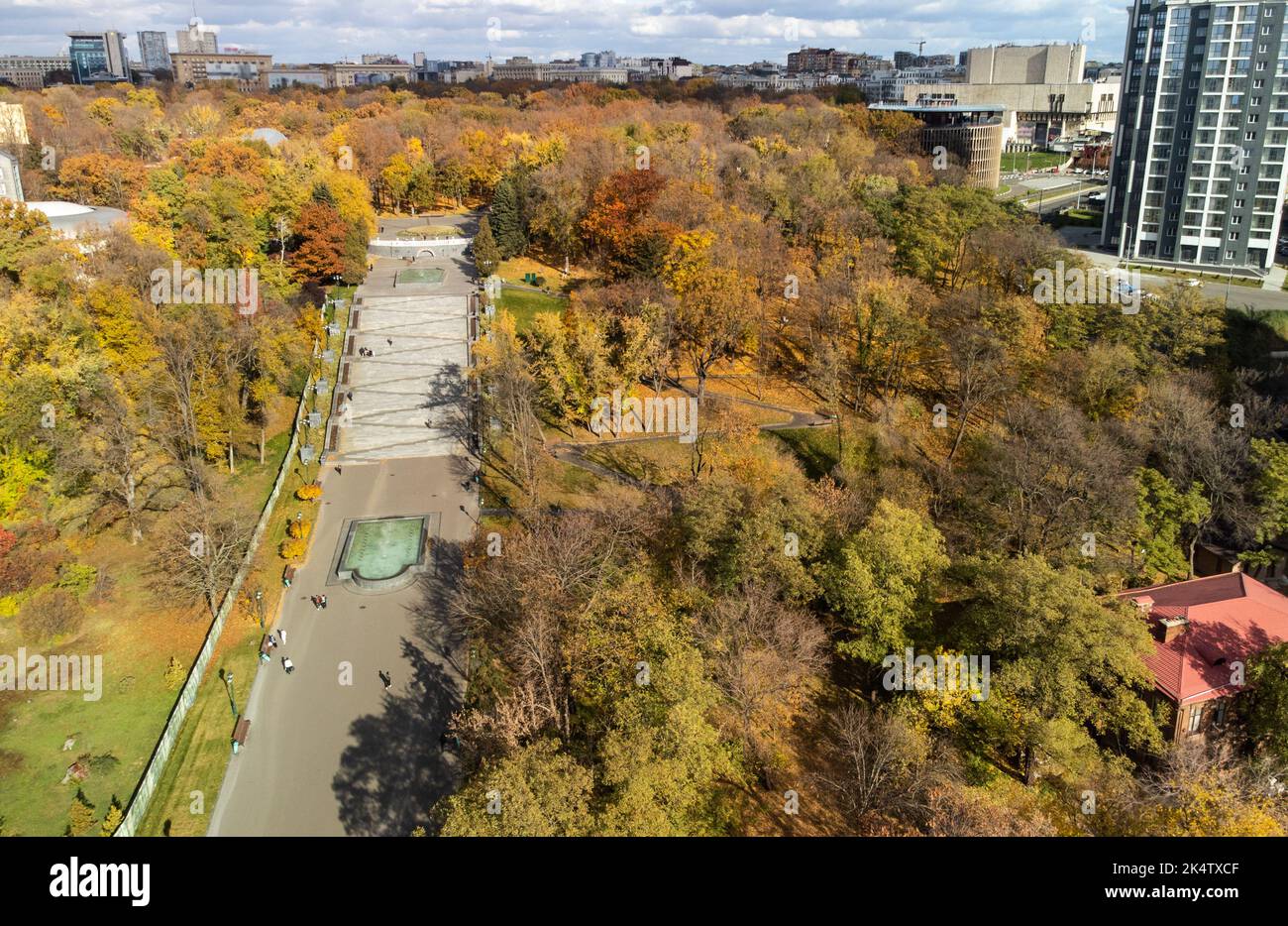 Aerial autumn Cascade stairs with fountain. Tourist attraction in ...